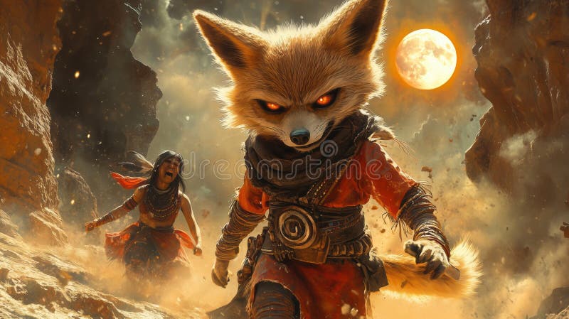Anthropomorphic Fox Warrior in Action in a Desert. Stock Illustration ...
