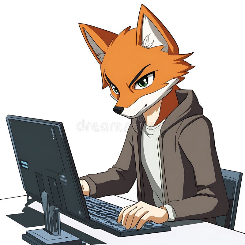 Anthropomorphic Fox Working on a Computer Stock Illustration ...