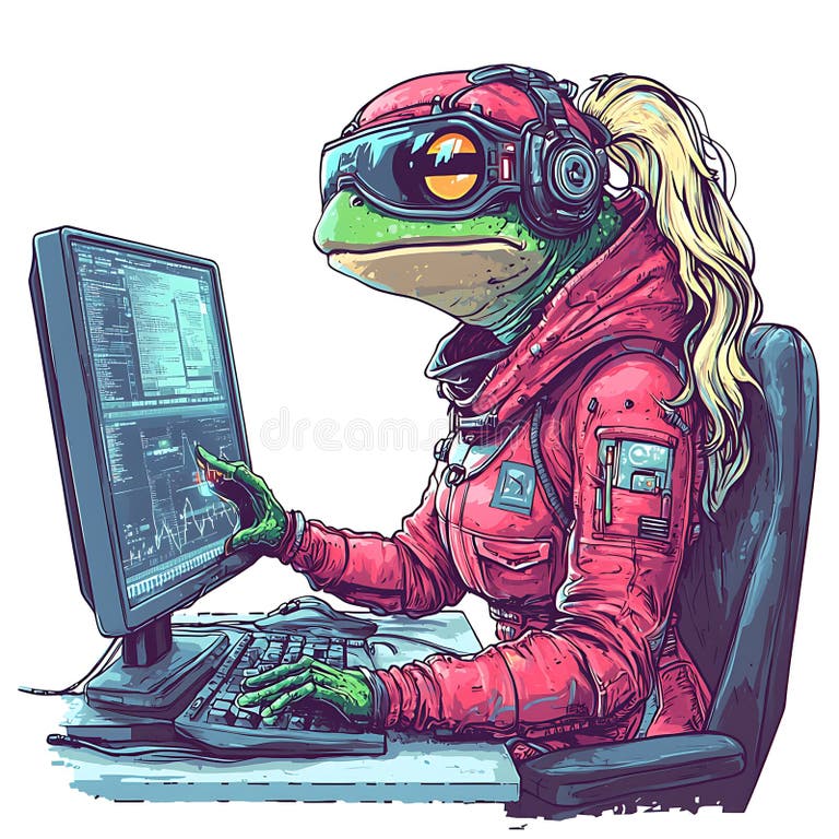 Anthropomorphic Frog Programmer in Virtual Reality Headset at Computer ...