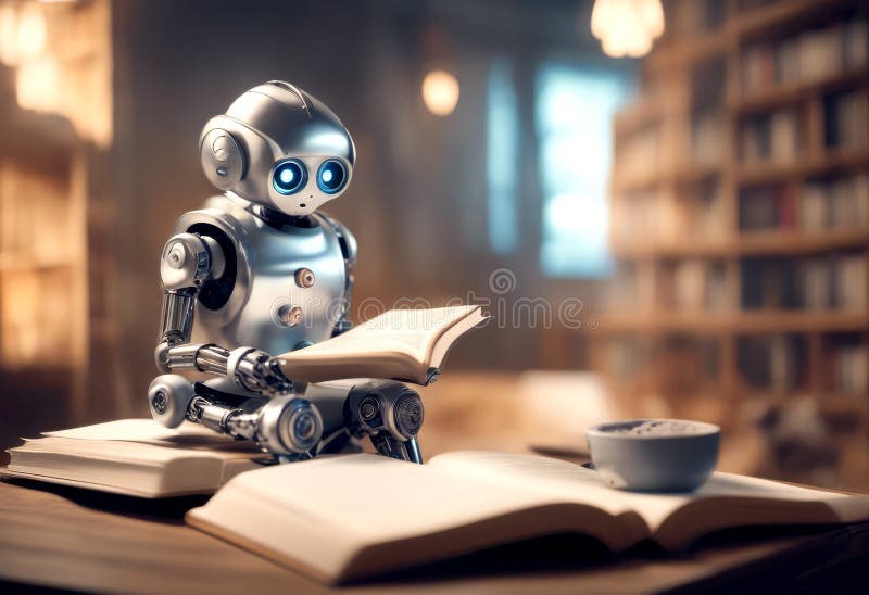 Anthropomorphic Humanoid Reading Cute Android Robot Book Art Style ...