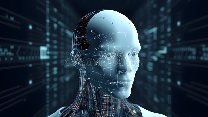 Anthropomorphic Humanoid Robot Head Portrait on Dark Background in Blue ...