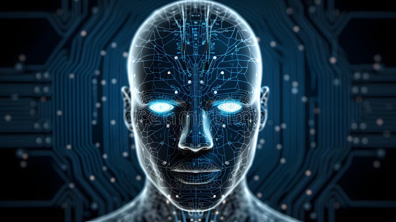 Anthropomorphic Humanoid Robot Head Portrait on Dark Background in Blue ...