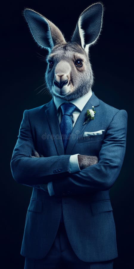 Anthropomorphic Kangaroo in Suit, Portrait on Dark Background, Animal ...