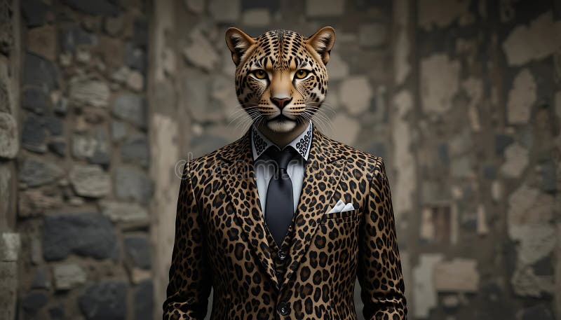 Leopard Anthropomorphic Figure Wearing Suit Standing Against Stone Wall ...