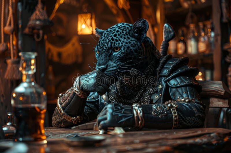 Anthropomorphic Leopard Warrior Contemplating in a Moody Tavern Setting ...