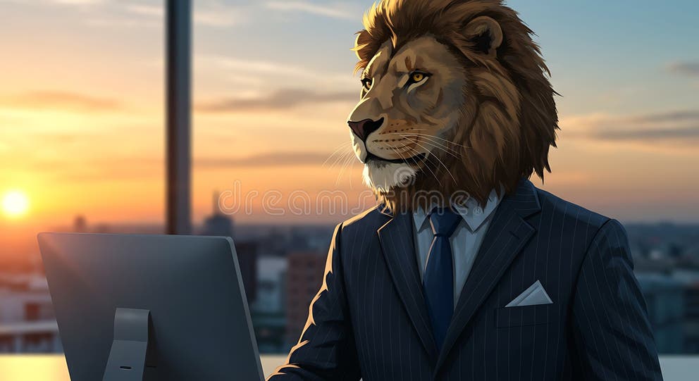 Anthropomorphic Lion Working on a Computer with a City Skyline Backdrop ...