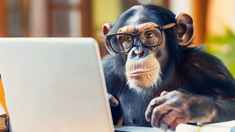 Anthropomorphic Monkey Wearing Glasses Intently Working on Laptop ...