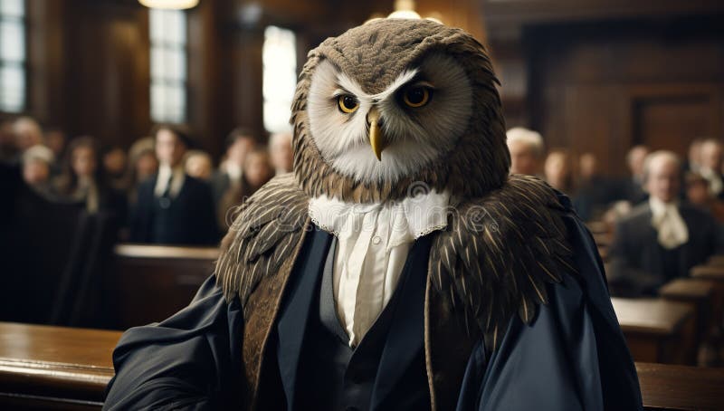 An Anthropomorphic Owl in a Judge S Robe Sits in a Courtroom Stock ...