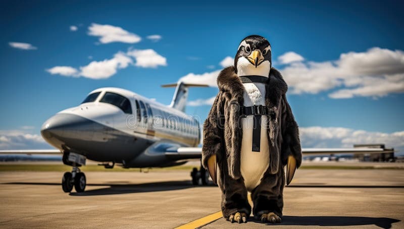 An Anthropomorphic Penguin with Glasses Stands on an Airfield in Front ...