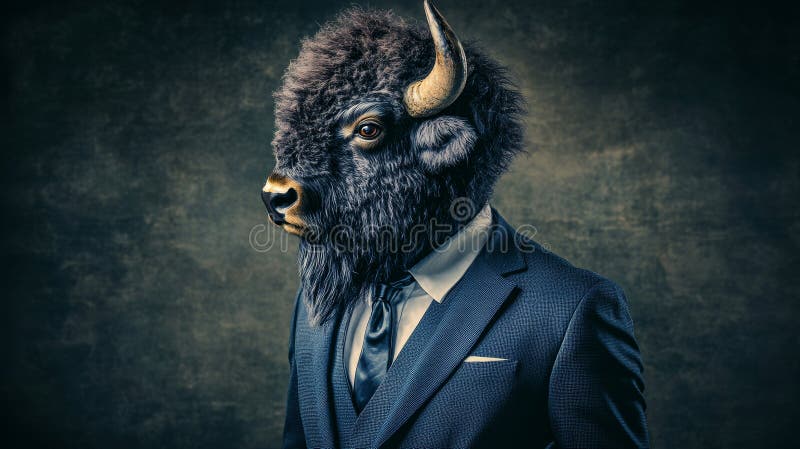 Anthropomorphic Portrait - Powerful Bison in Business Suit on Dark ...