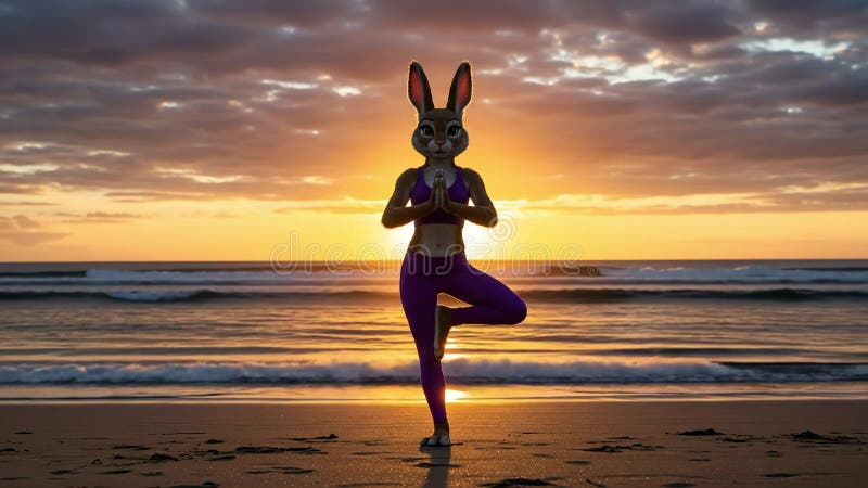Anthropomorphic Rabbit Doing Yoga Tree Pose on a Beach at Sunset Stock ...