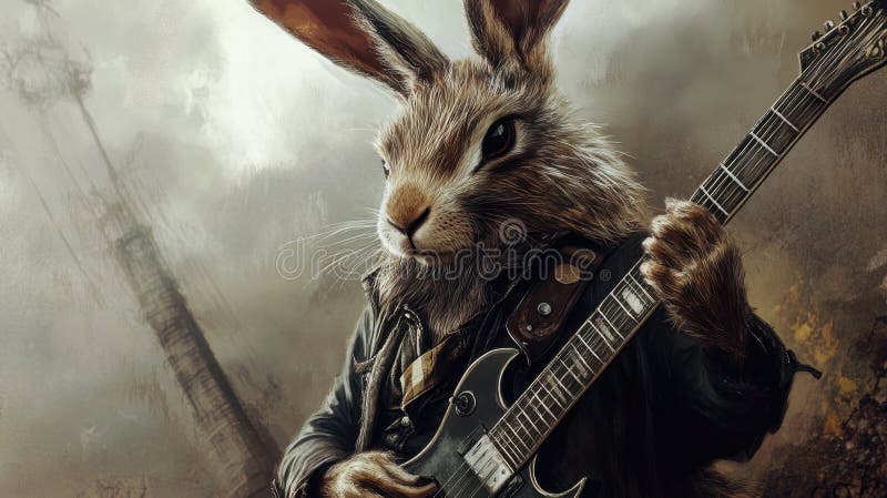 An Anthropomorphic Rabbit Dressed in a Rugged Leather Jacket, Gripping ...