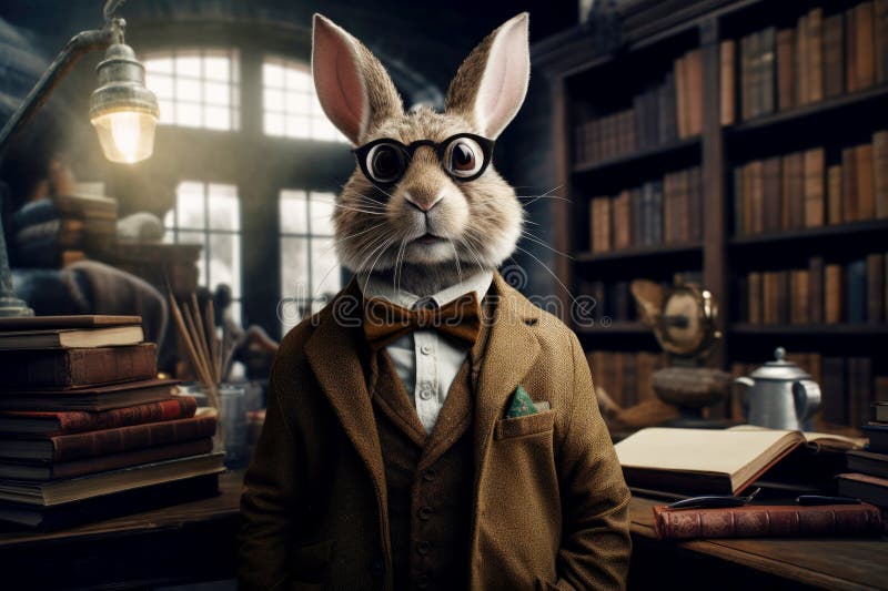 Anthropomorphic Rabbit Scholar in Library. Digital Art Character Stock ...