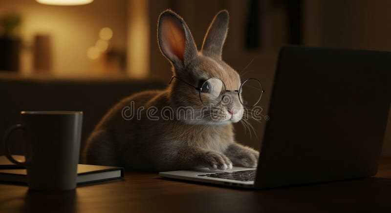 Anthropomorphic Rabbit Wearing Glasses Working on a Laptop at a Dimly ...
