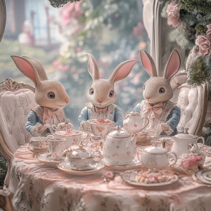 Anthropomorphic Rabbits Sharing Tea in an Ornate Indoor Setting Stock ...