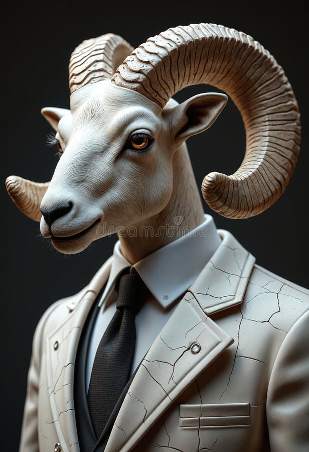 Anthropomorphic Ram with Cracked Stone Texture in Suit, Profile ...