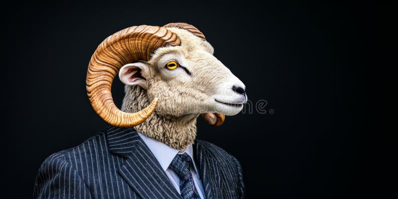 Anthropomorphic Ram in Suit, Profile View Against Dark Background ...