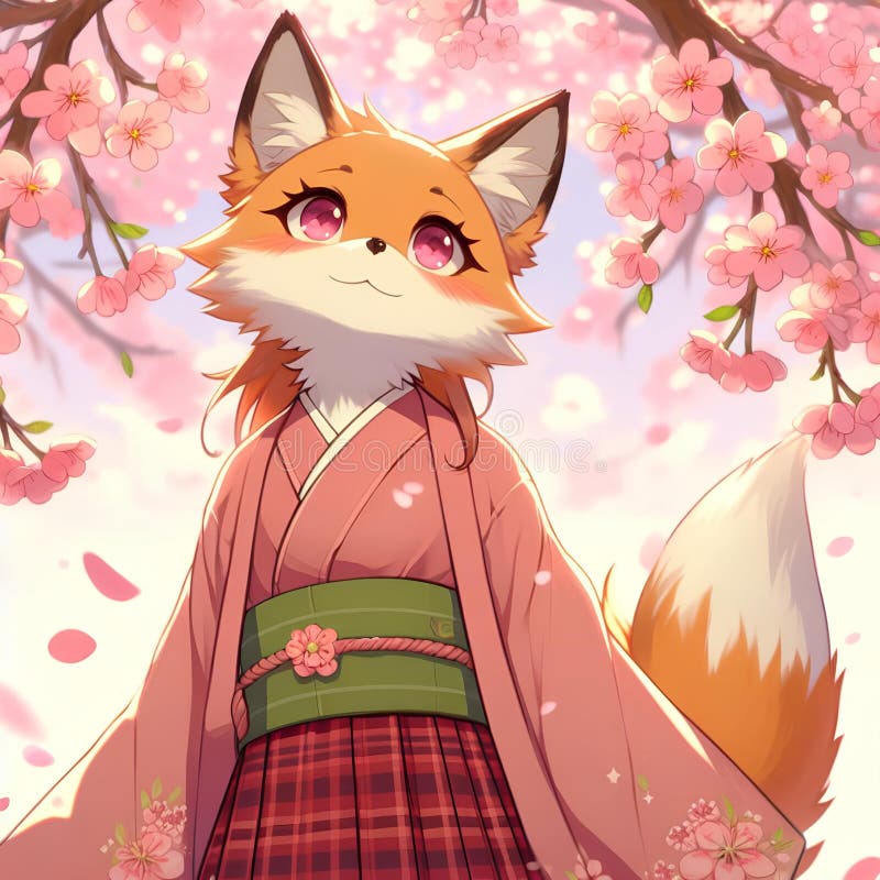 Anthropomorphic Red Fox Girl Under a Blossoming Cherry Tree Stock Photo ...