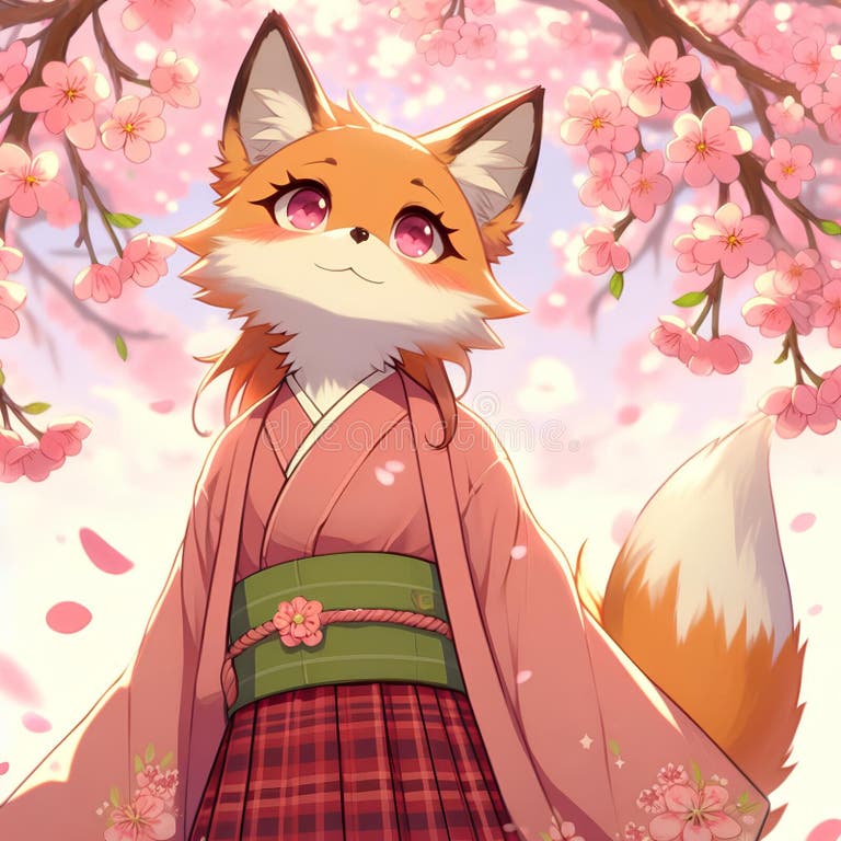 Anthropomorphic Red Fox Girl Under a Blossoming Cherry Tree Stock Photo ...
