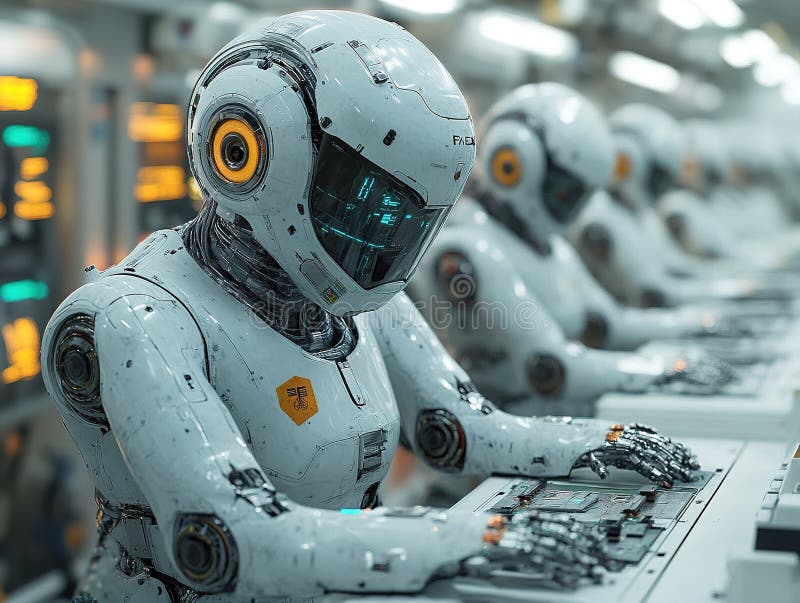 An Anthropomorphic Robot Stands at a High-tech Control Panel Amidst ...