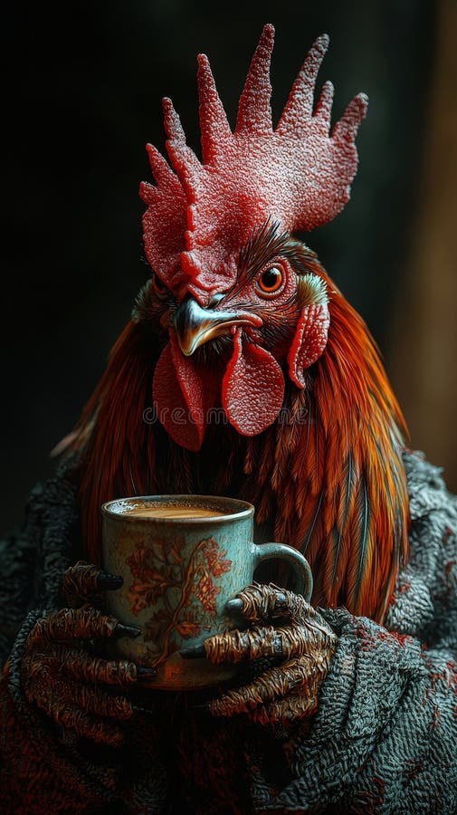 Anthropomorphic Rooster in Cozy Attire Holding a Coffee Cup Stock Image ...