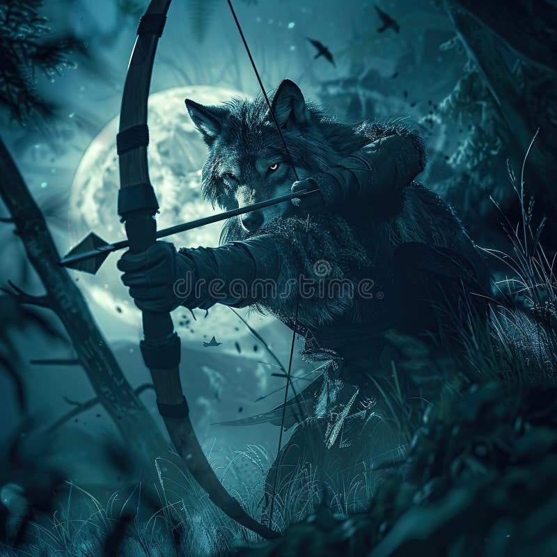 Anthropomorphic Wolf Archer Aiming Under Moonlight Stock Illustration ...