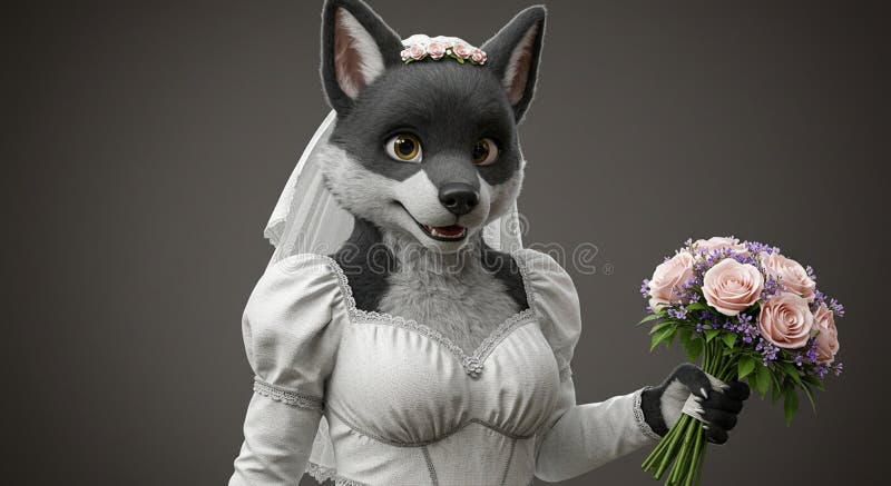 Anthropomorphic Wolf Character Dressed As a Bride. the Character Features Gray Stock ...