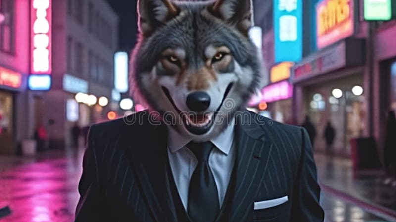 An Anthropomorphic Wolf Character, Wearing a Sharp Suit, Revealing Generative AI Stock Footage ...
