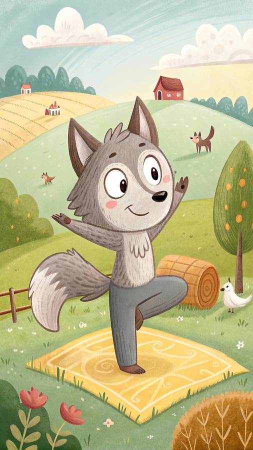 Anthropomorphic Wolf in a Peaceful Farm Setting Performs a Yoga Pose on a Yellow Mat. Stock ...