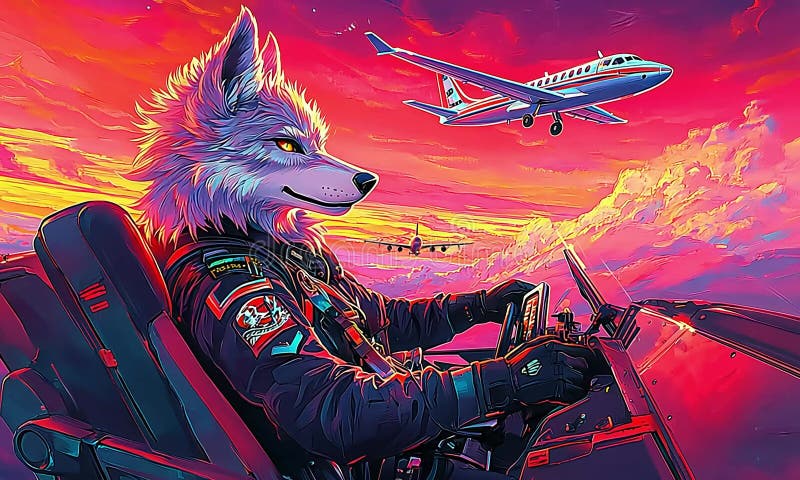 Anthropomorphic Wolf Pilot in a Cockpit, Vibrant Sunset Backdrop with ...