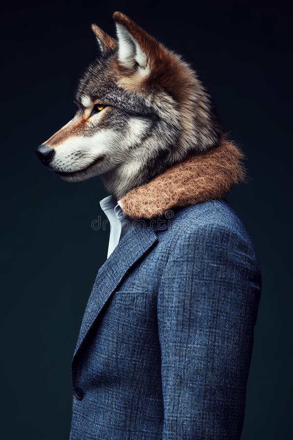 Anthropomorphic Wolf in Profile, Suit and Fur, Blending Animal and ...