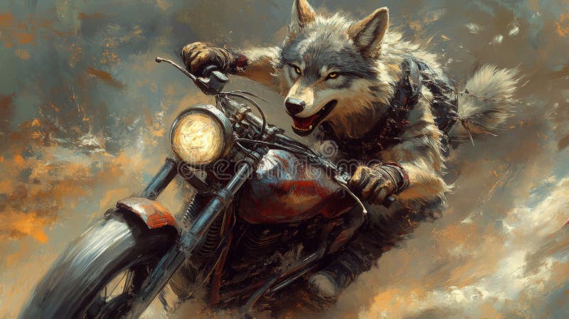 Anthropomorphic Wolf Riding a Vintage Motorcycle in a Desert Stock ...