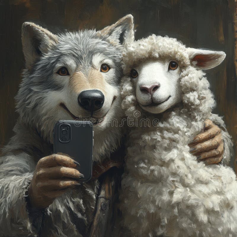 Anthropomorphic Wolf and Sheep Taking Selfie Together Stock Image ...