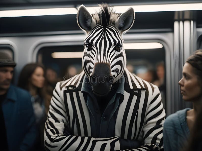 Anthropomorphic Zebra in Modern Clothes Standing Inside the Train of a ...