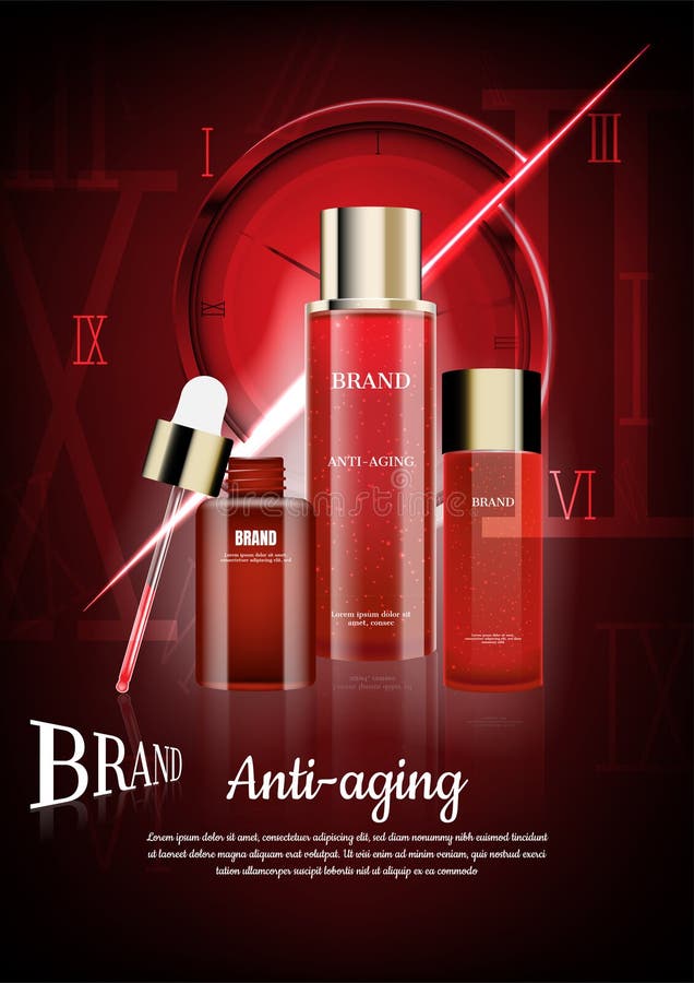 Anti Aging Cosmetic Set on Split Clock with Roman Numbers Background ...