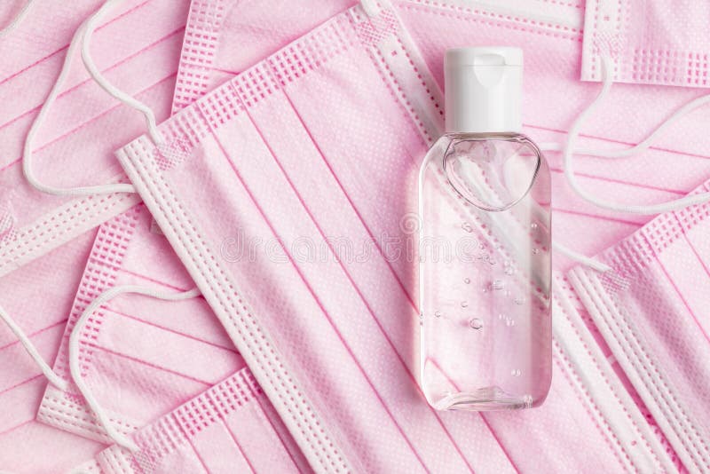 Antibacterial Hand Gel And New Medical Mask, Isolated On Green ...