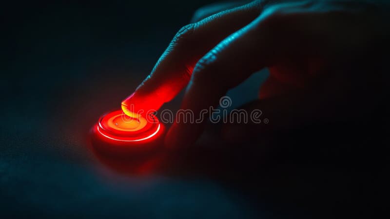 Anticipation in the Shadows a Hand Hovering Over a Glowing Red Button ...