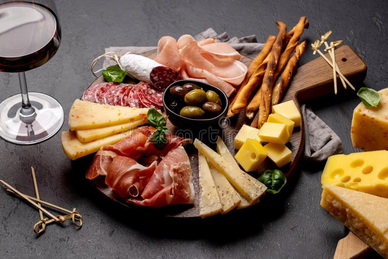 Antipasto Board with Meat and Cheese Snacks Stock Photo - Image of ...