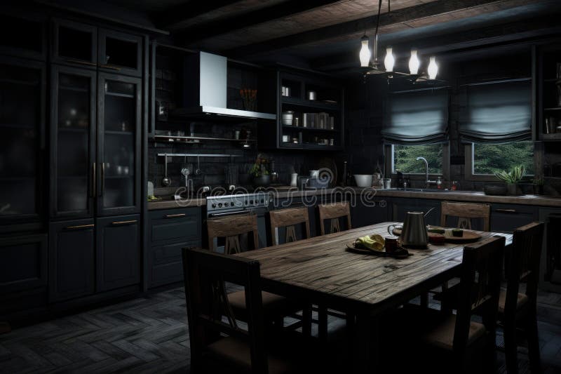 Antiquated Kitchen Dark Interior. Generate Ai Stock Illustration - Illustration of gray, grey ...