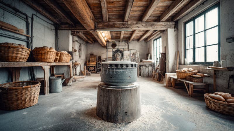 An Antique Bakery Displays Baskets of Bread and Old Equipment, Creating ...