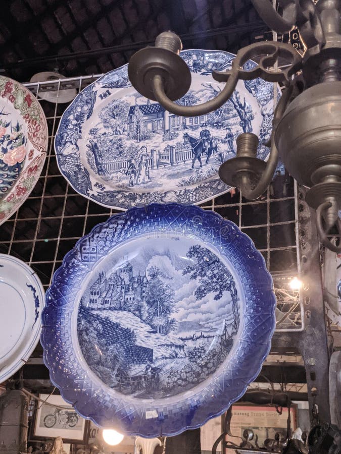 Antique Blue and White Porcelain Plates Display Stock Image - Image of ...