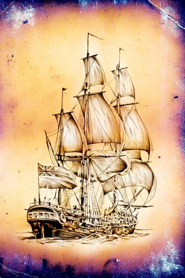 Antique Boat Sea Motive Drawing Handmade Stock Illustration ...