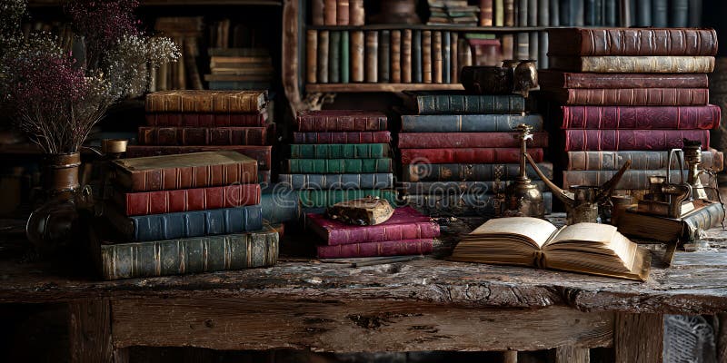 Antique Book Collection a Vintage Library Scene Stock Illustration ...