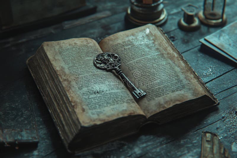 Antique Book with Key on Rustic Table Stock Image - Image of history ...