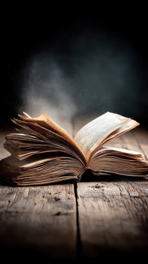Antique Book with Poetic Words Floating on Wooden Table Stock ...