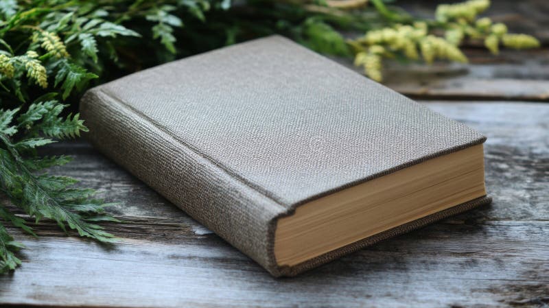 Antique Book on Rustic Wooden Table with Greenery Stock Illustration ...