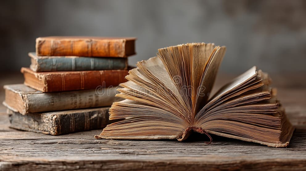 Antique Book and Stack on Rustic Wooden Table Stock Image - Image of ...
