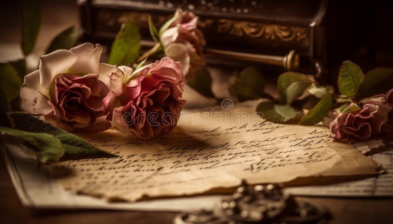 Antique Book on Table, Single Flower Decoration Generated by AI Stock ...