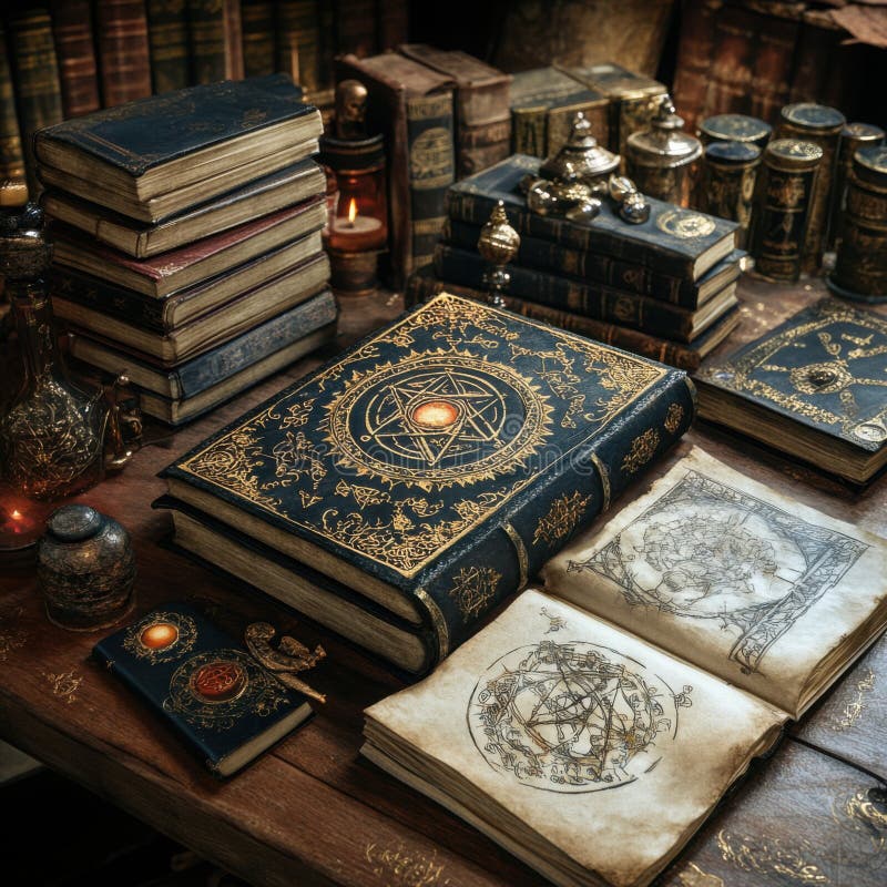 Antique Books and Magical Artifacts in a Dimly Lit Library Setting ...