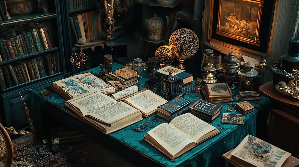 Antique Books and Objects on a Teal Table in a Study Stock Photo ...